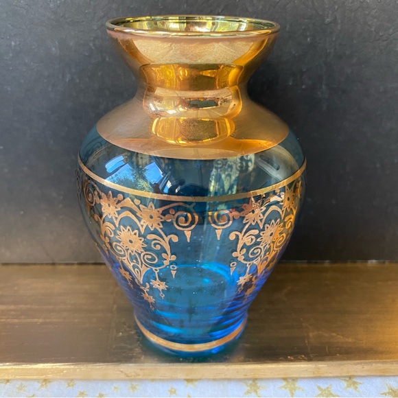 Murano | Accents | Murano Azure Blue 24k Gold Art Glass Vase Italy ...